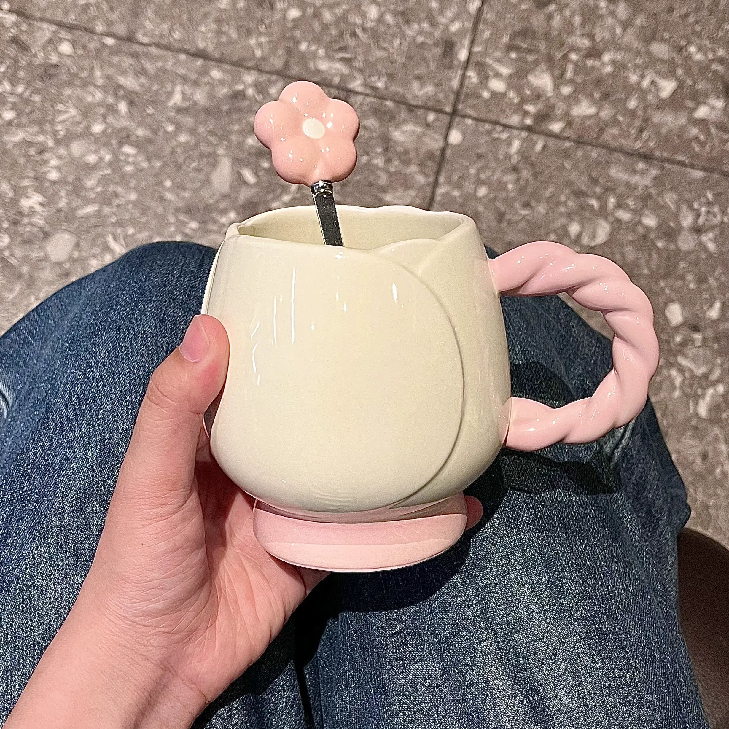 Cute Flower Handle Ceramic Mug Gift Set Kawaii Coffee & Tea Cup with ...